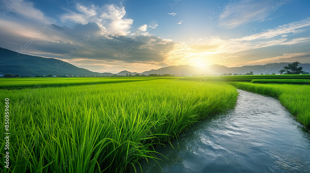 Rice paddy field with water flow from a dam in a rice farm landscape ...