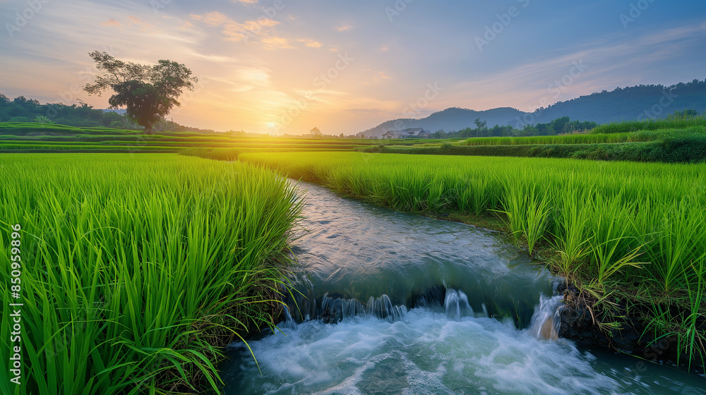 Rice paddy field with water flow from a dam in a rice farm landscape ...