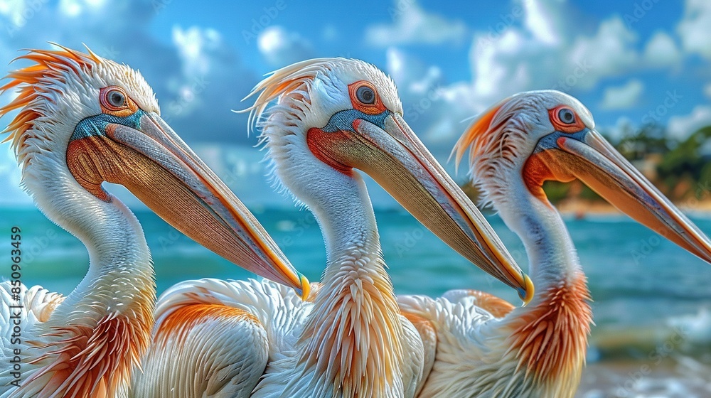 Three pelicans perched together on a dock by the water's edge, framed ...