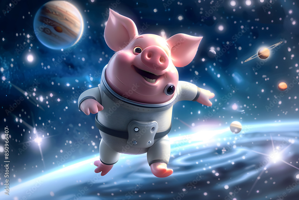 cartoon animals in space, pig in spacesuit levitates in space Stock ...
