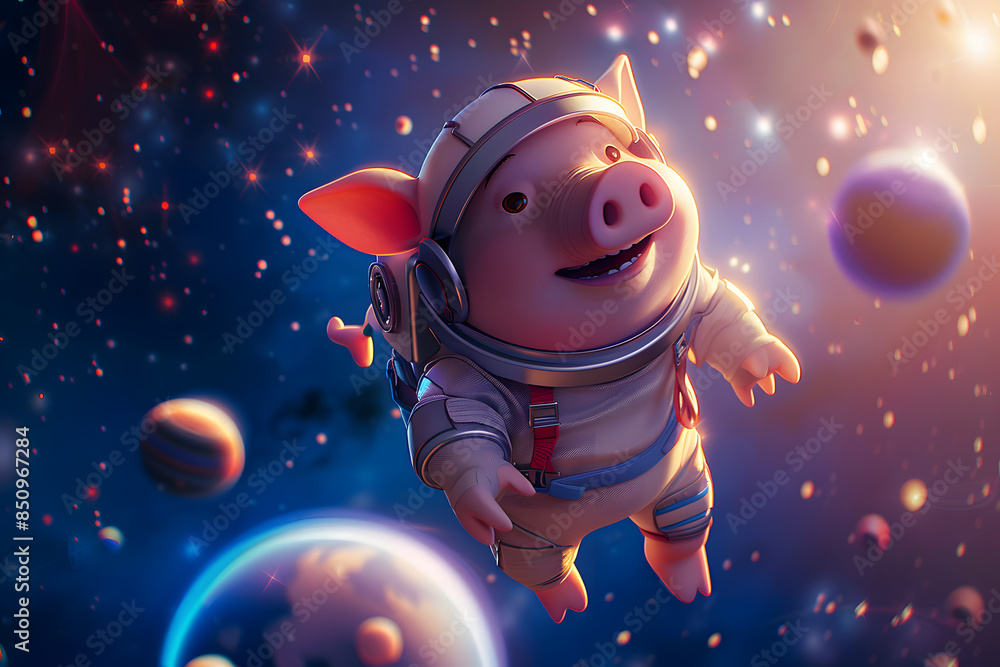 cartoon animals in space, pig in spacesuit levitates in space Stock ...