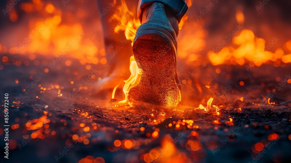 back view of man feet wearing combat safety shoes walking on fire flame ...