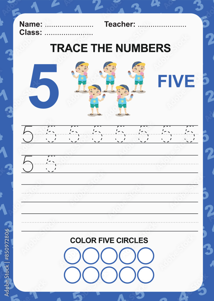 Trace and write number for children. Exercise for children to recognize ...