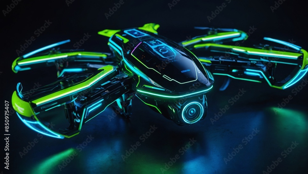 Futuristic AI autonomous drone with neon-lit control panels and ...