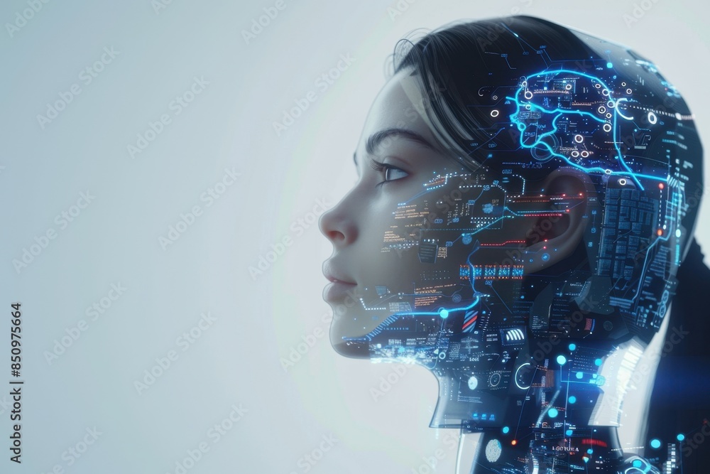 A profile view of a woman with digital circuits and neural networks ...