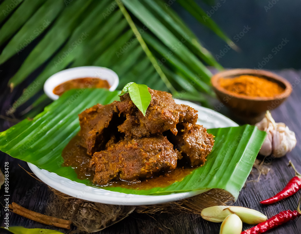 Ready-to-eat beef rendang is served on a large plate covered with ...