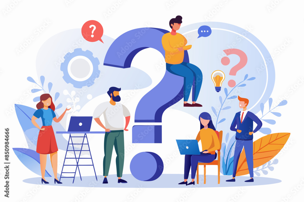 Businesspeople with big question mark in flat design. Employee asking ...