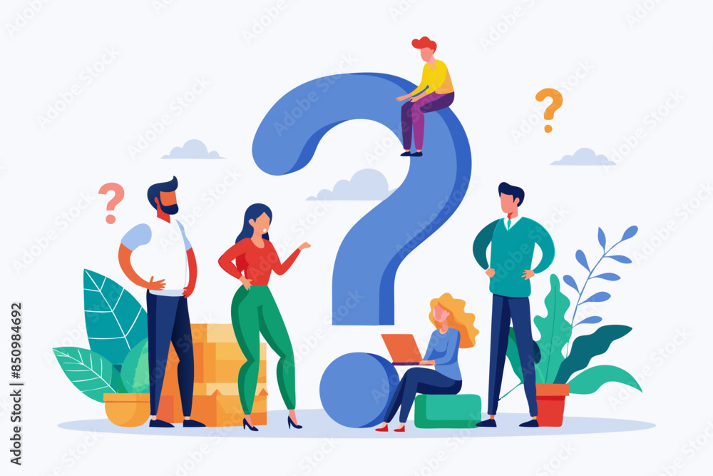 Businesspeople with big question mark in flat design. Employee asking ...