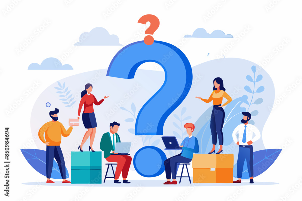 Businesspeople with big question mark in flat design. Employee asking ...