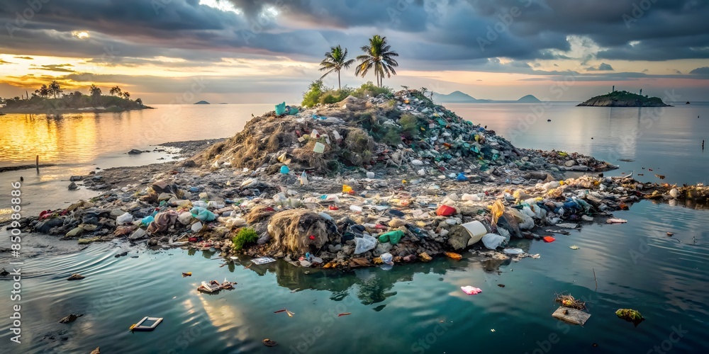 Garbage Island In Ocean. Plastic And Other Trash. Environmental ...