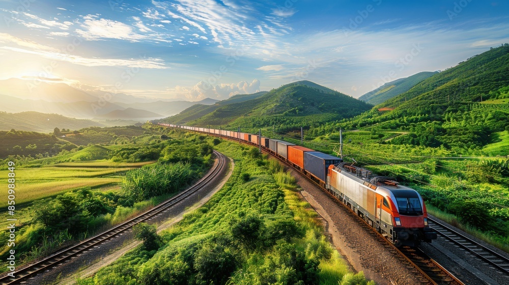 High-Speed Rail Freight: A high-speed train carrying freight containers, speeding through a ...