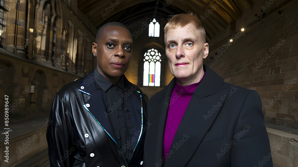 Two LGBTQ people stand together inside a grand, dimly-lit hall with ...