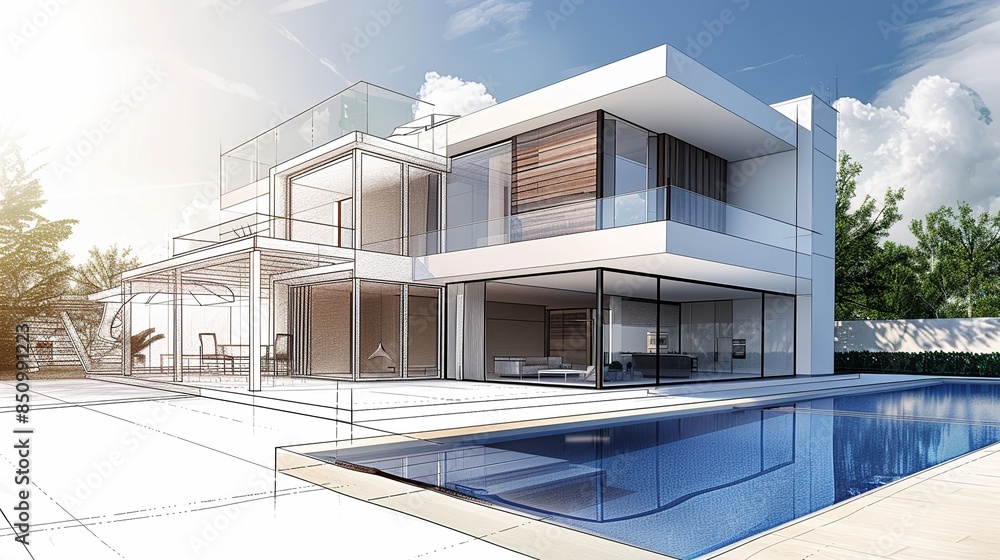 Vertical split-screen rendering featuring a detailed sketch and a ...