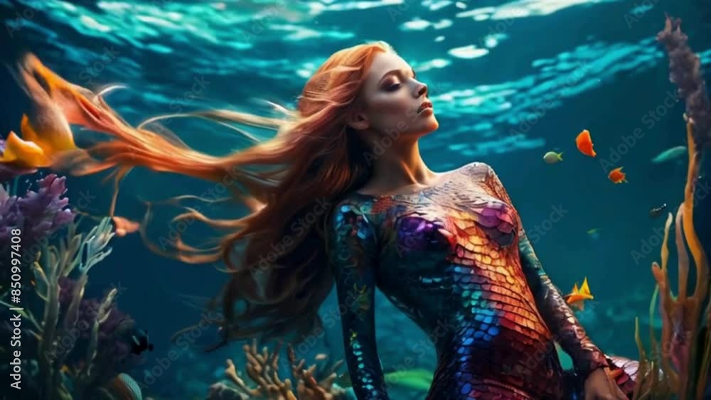 Mysterious sensual beautiful mermaid body floating underwater in sea ...