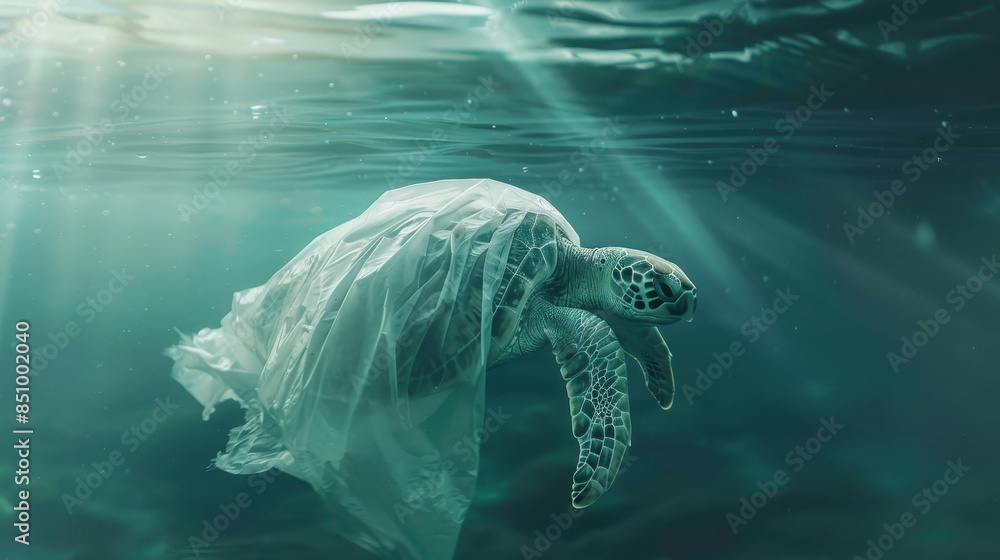 Underwater scene with a sea turtle entangled in a plastic bag. The ...