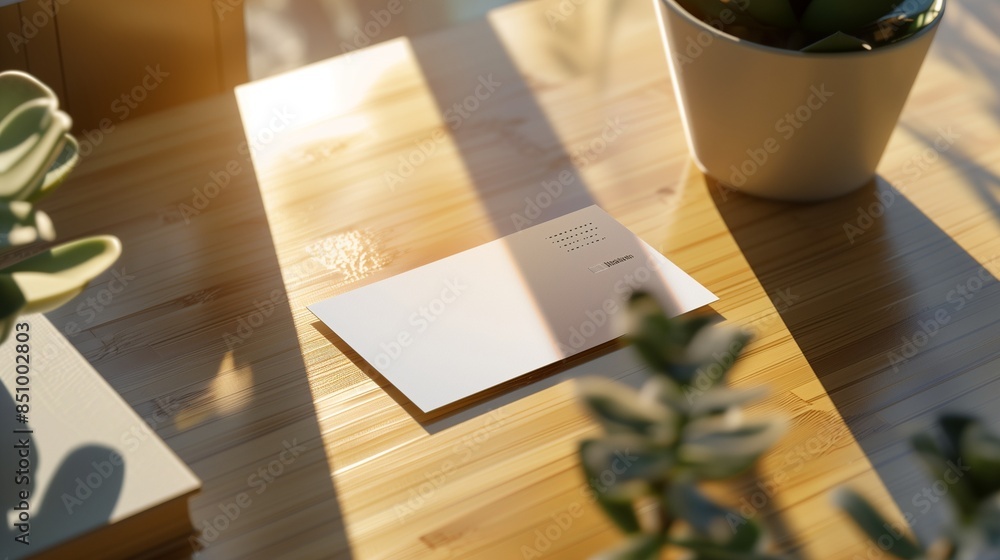 A minimalist desk setup with a single business card placed ...