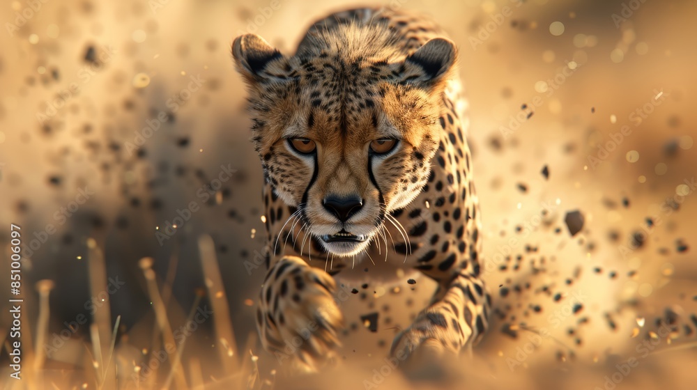 Majestic cheetah prowling the sunlit savanna, low to the ground, every ...