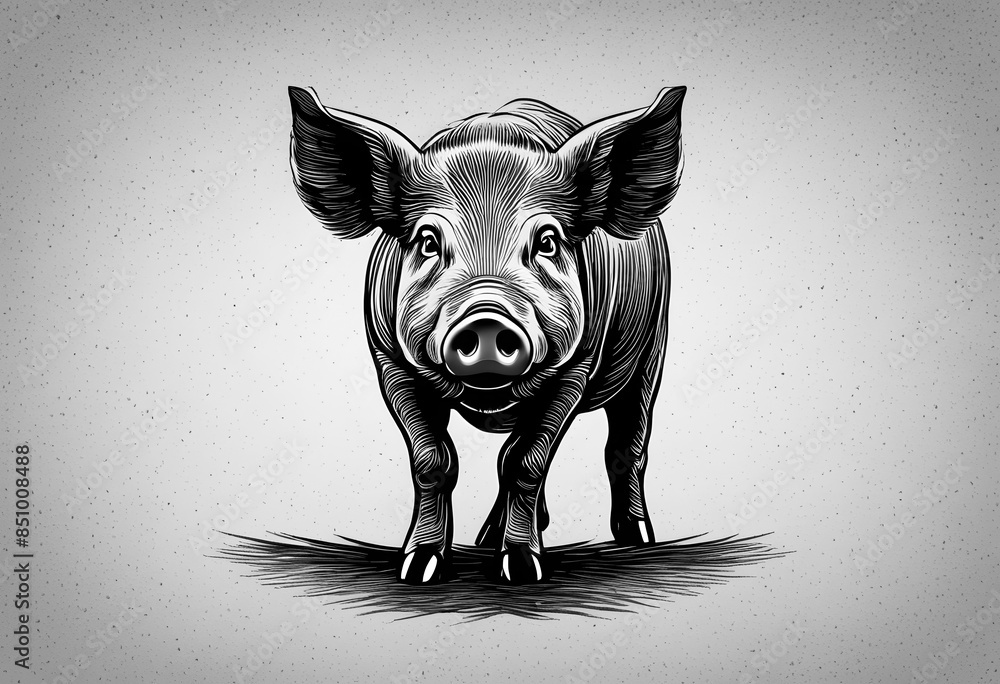 A detailed black and white illustration of a pig standing and facing ...