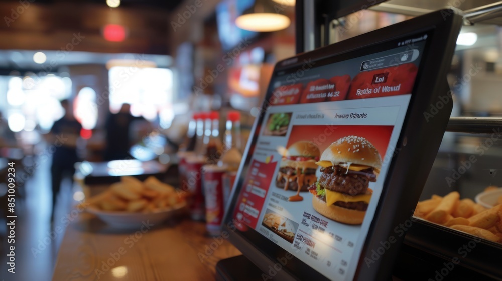A digital display in a restaurant shows a menu with an image of a ...