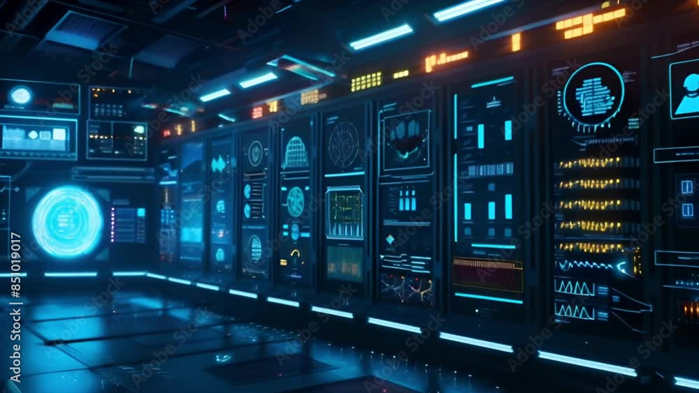 Futuristic control room with cybersecurity measures implemented in the ...