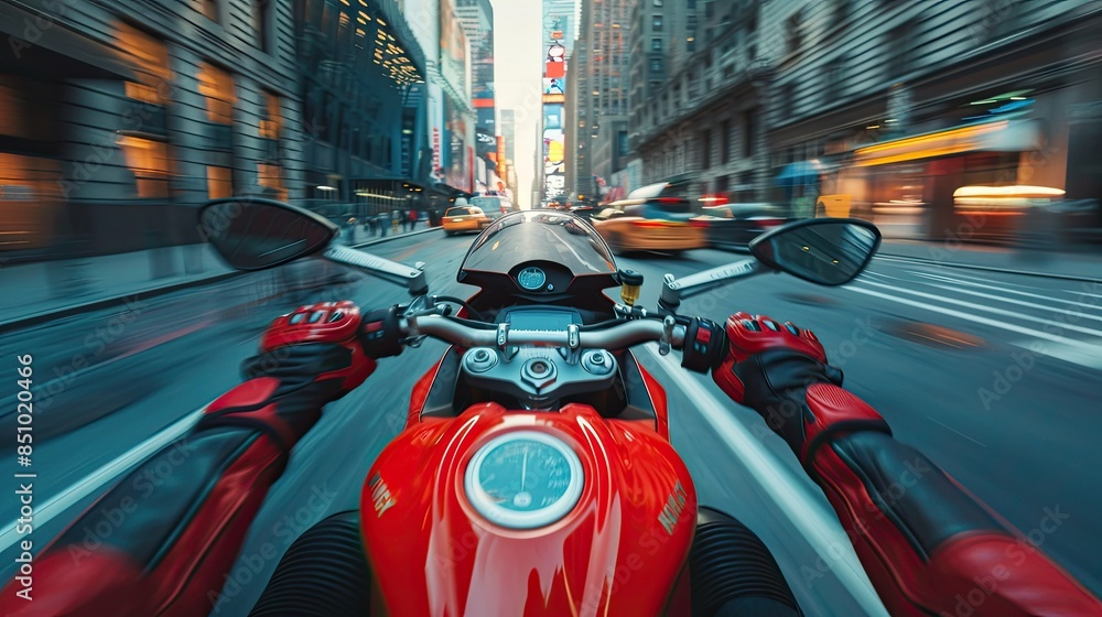 A red motorcycle rides through the city streets, the speedometer shows ...