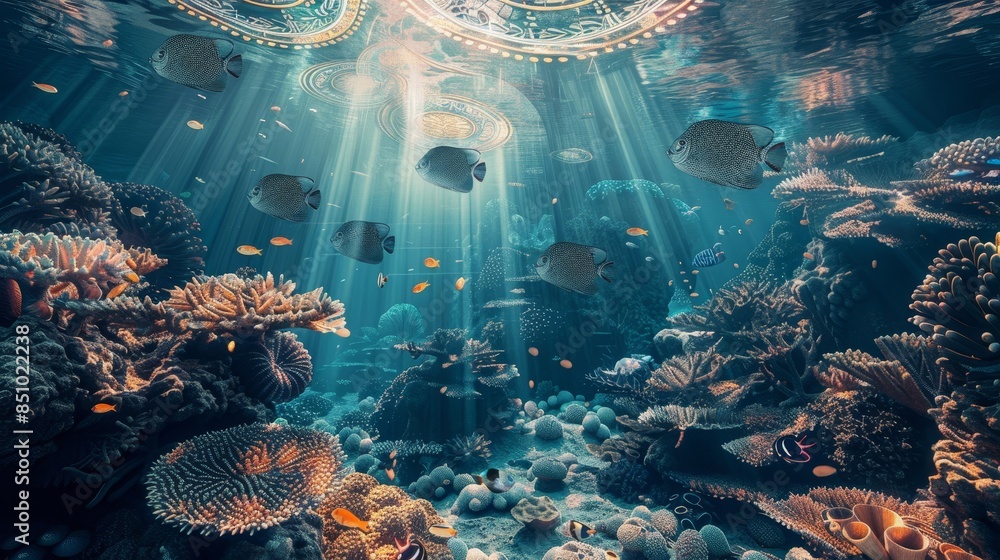 Schools of shimmering fish among coral reefs with ancient coin-like ...
