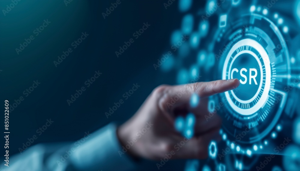 Businessman touching digital screen with CSR icon on virtual background ...