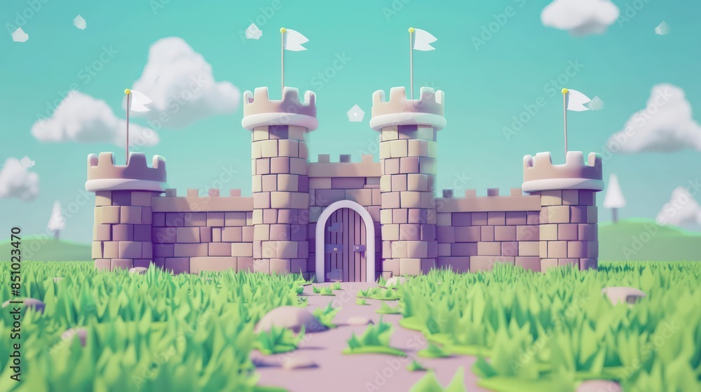 A 3D illustration of a cartoon-style stone castle with three turrets ...