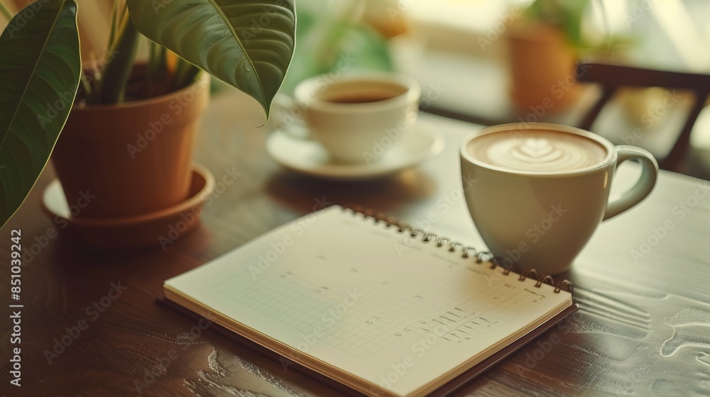 Planner Concept. Desktop Calendar 2024 and cup of coffee place on ...