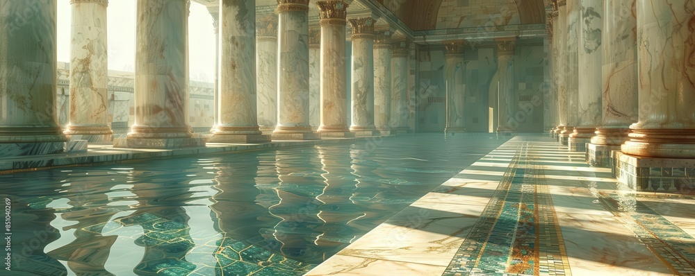 Serene indoor Roman bath with marble columns reflecting in a tranquil ...