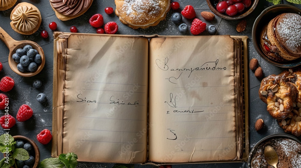 Pastry style border design with an open recipe book placed in the ...