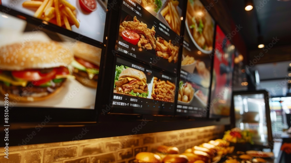Close-up shot of a digital menu board in a fast food restaurant with ...