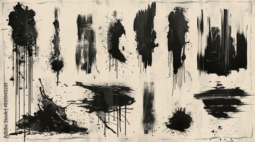 Stencils with splashes, an art composition in ink, brushes with blots ...