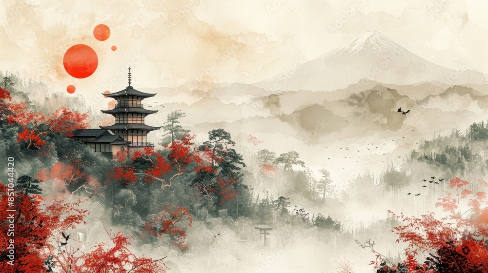 Typical Japanese symbols of culture: Mengu, Maneki-neko, Fuji, building ...