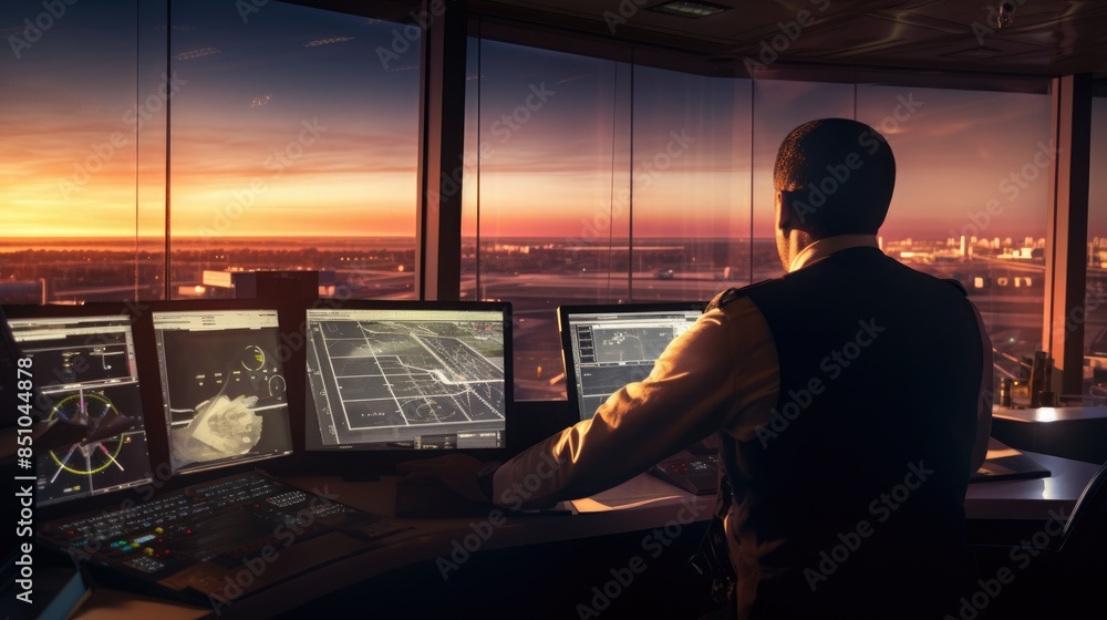 workplace of an air traffic controller. Airport Dispatch Tower interior ...