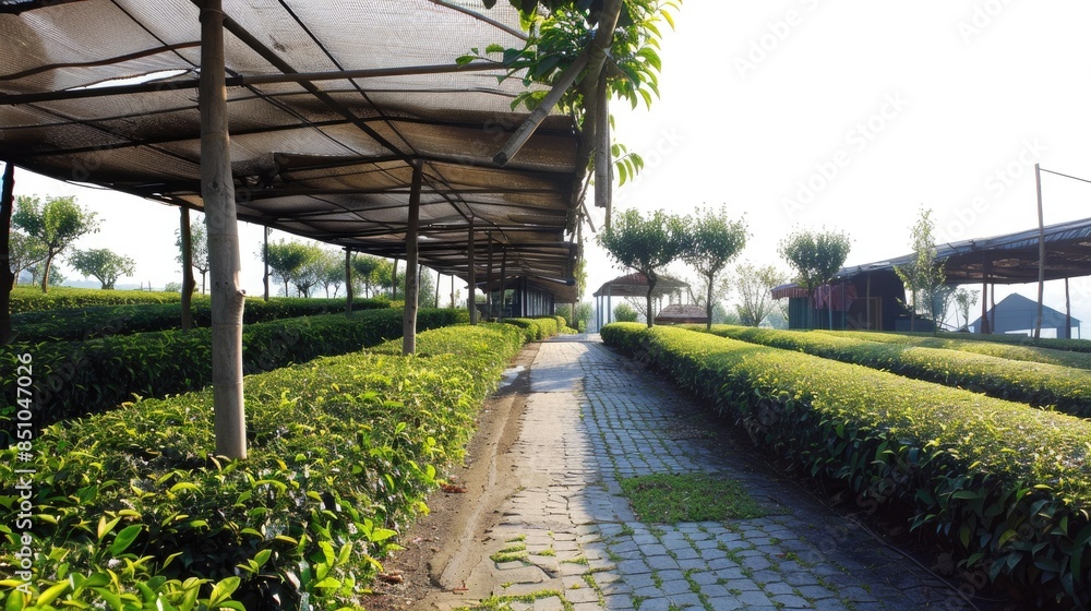 Background image of rural tea farm pathway at sunrise. Tea field with ...
