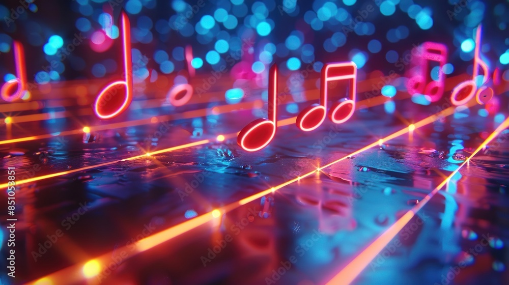 glowing musical notes in neon colors, surrounded by a colorful ...
