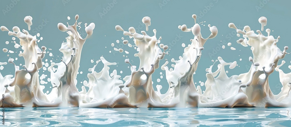 The image is a series of five different shots of milk splashing out of ...
