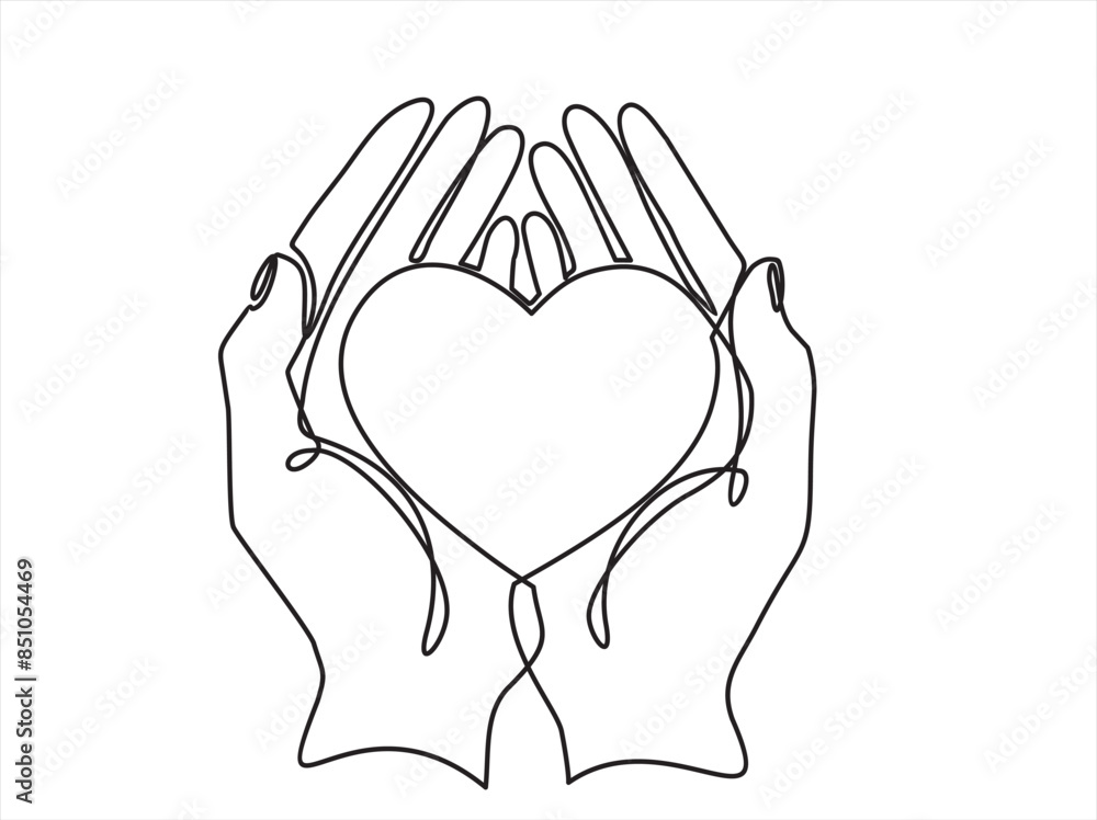 Continuous one line drawing hand holding heart. Charity donation linear ...
