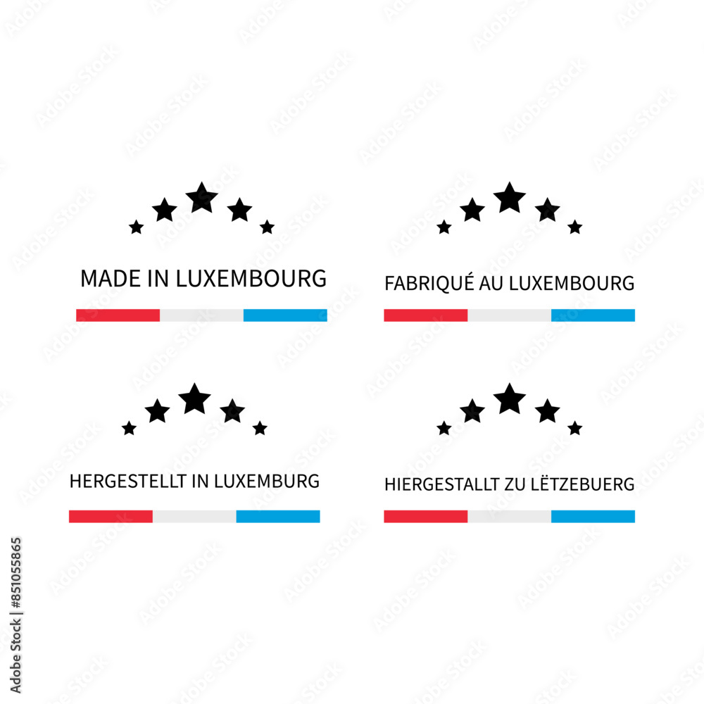 Made in Luxembourg labels in English, French, German and Luxembourgish languages. Quality mark ...