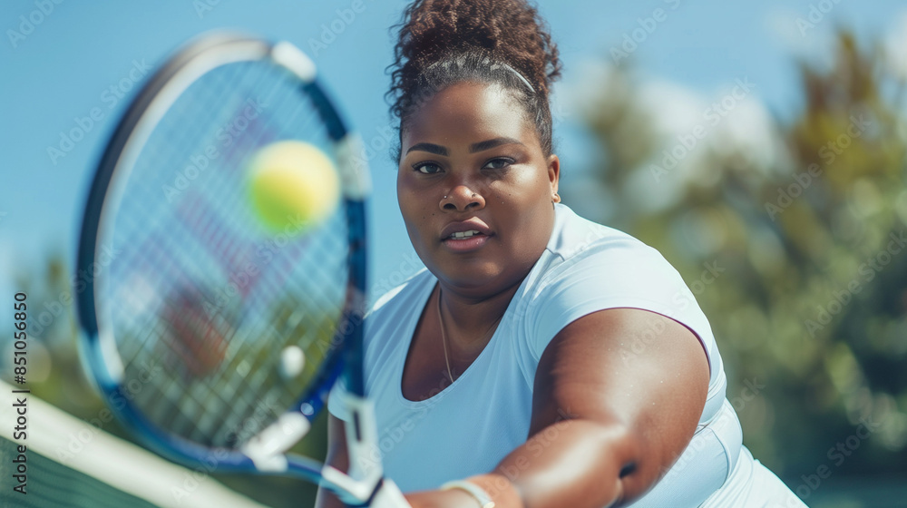 Inclusive image of a plus size black woman playing tennis. Curvy obese ...