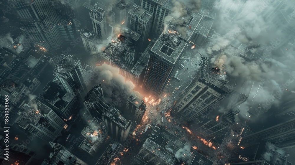 An aerial view of destroyed buildings in an apocalyptic city, top down ...