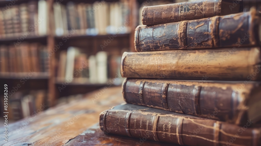 An old, worn out book stack in an ancient library with a blurred ...
