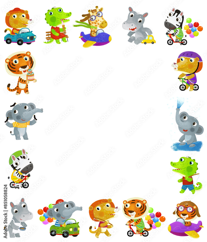 cartoon scene with frame border template with different zoo or african ...