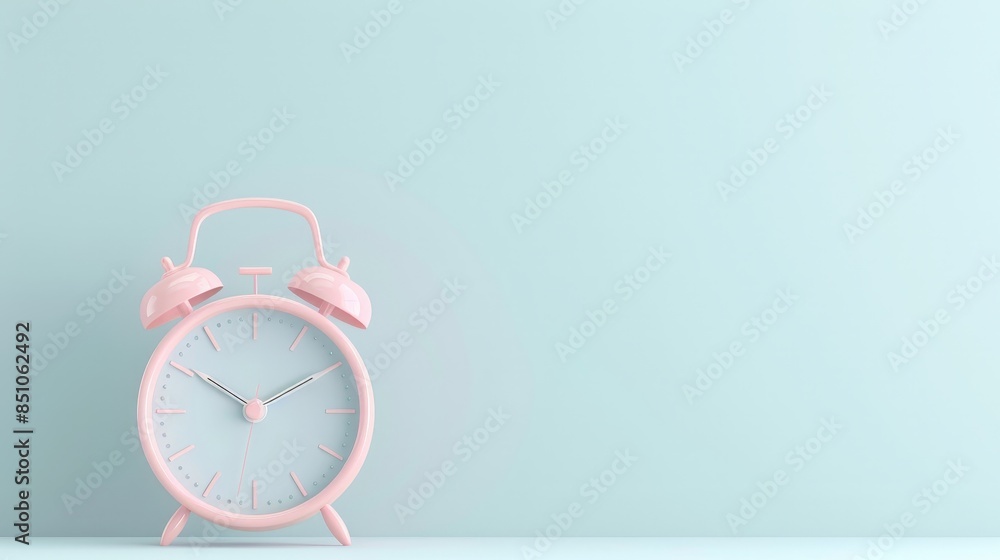Pink alarm clock on a minimalistic light blue background, signifying ...