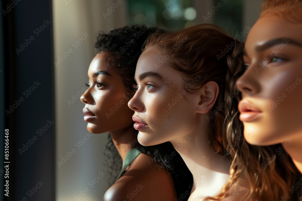 three stunning women with different skin tones and hair textures ...