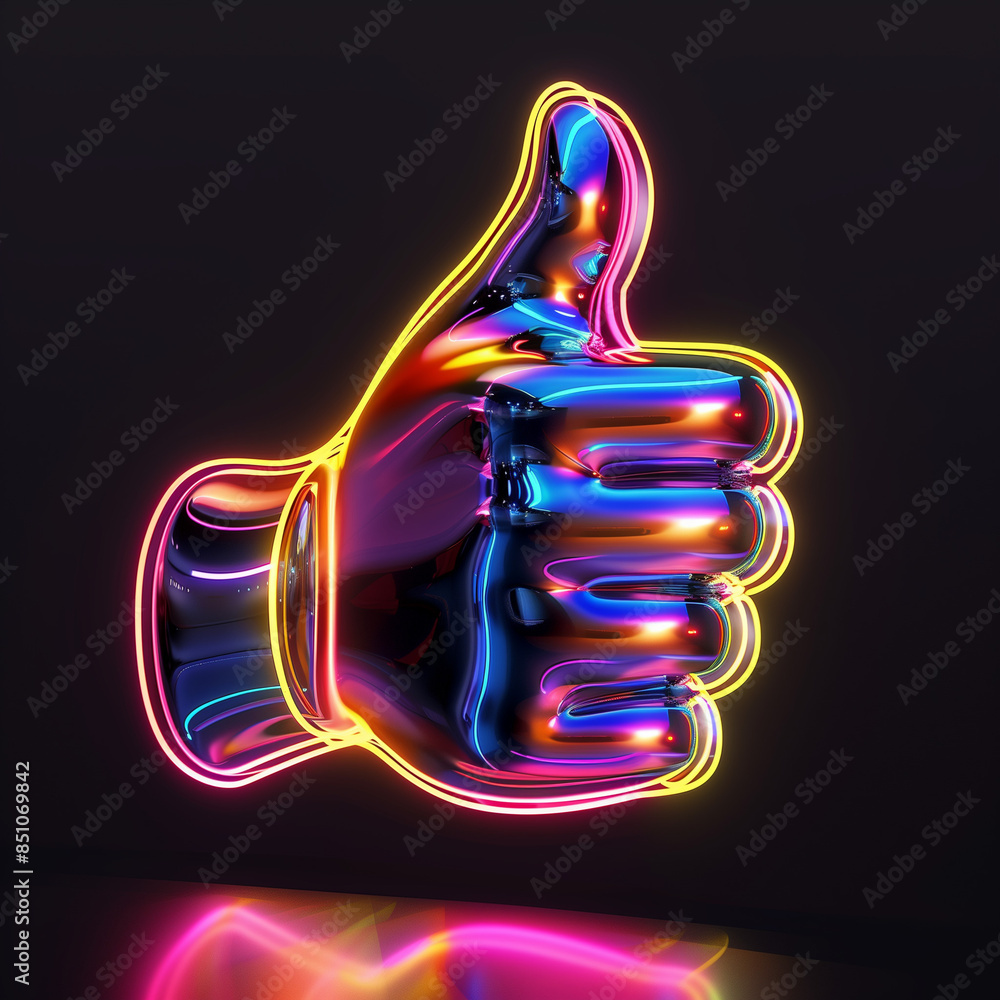 A vibrant neon thumbs-up icon represents approval and positivity ...