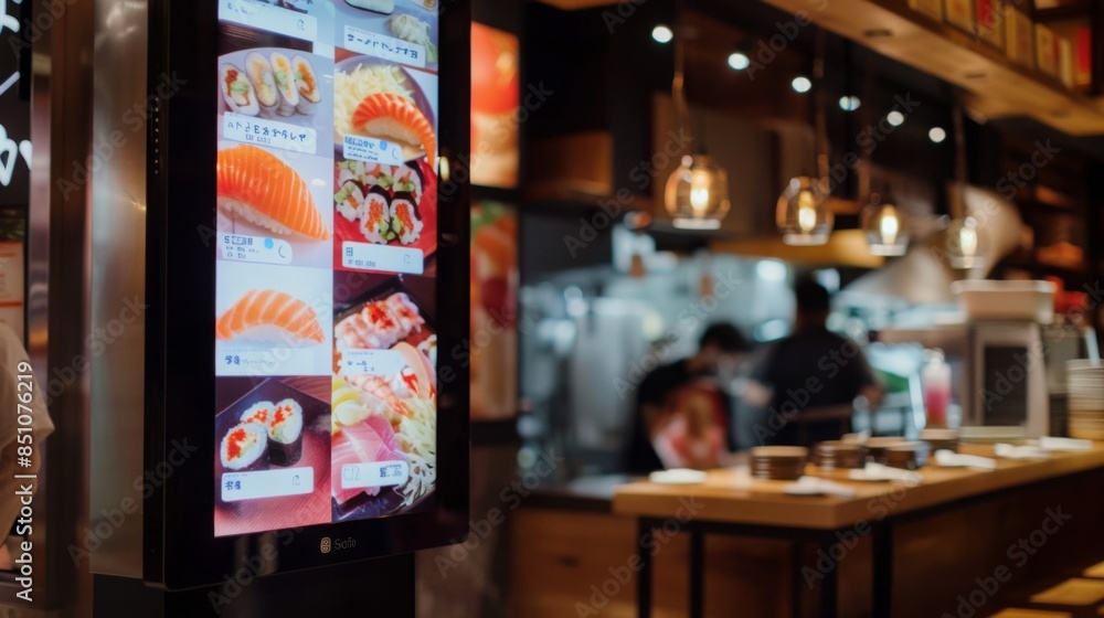 Digital menu displays sushi dishes with close-up images of salmon ...