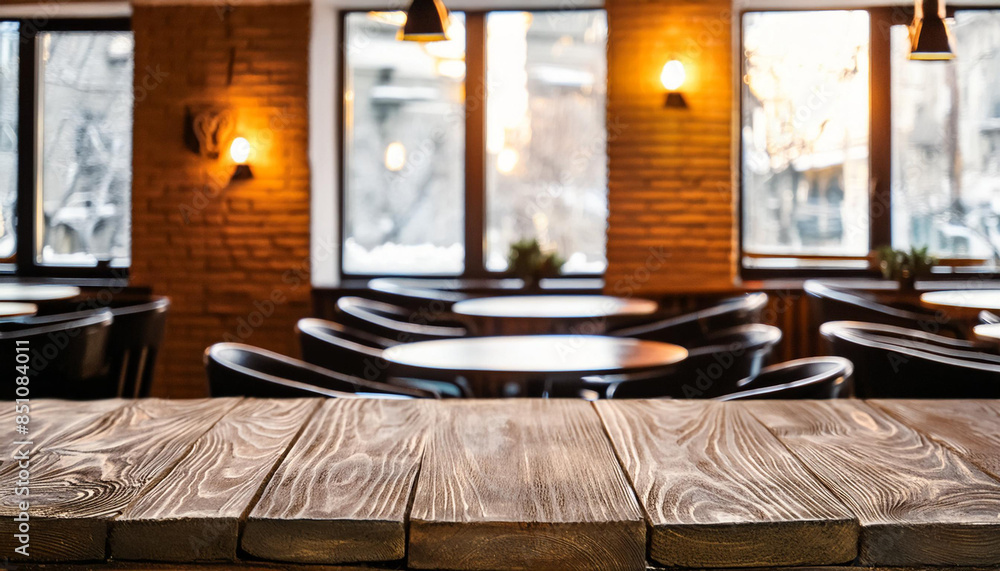 dark blurred background with empty table top, cafe restaurant windows ...