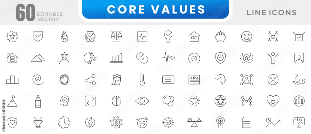 Core values line icon set. Goals and Targets, achievement, aim ...